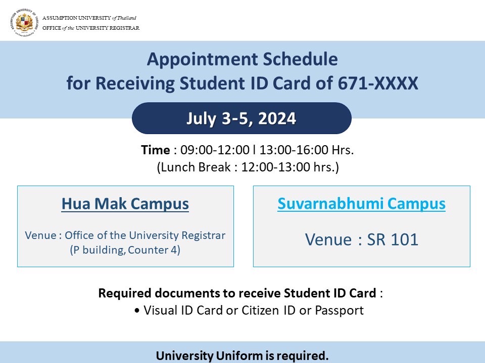 Appointment Schedule for Receiving Student ID Card of 671-xxxx - Office ...